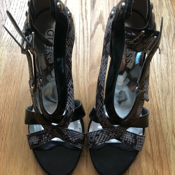 Guess | Shoes | Trendy Black And Snake Print Guess Heeled Sandals ...
